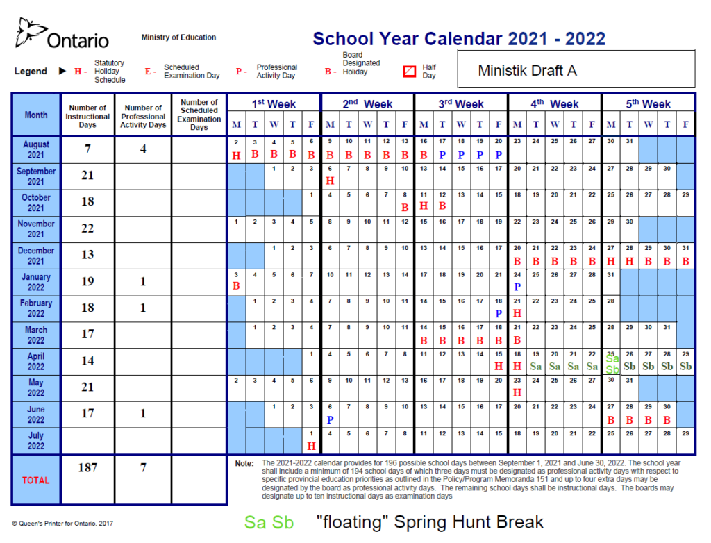 Ministik School Year Calendar 2021-2022 survey #2 drafts